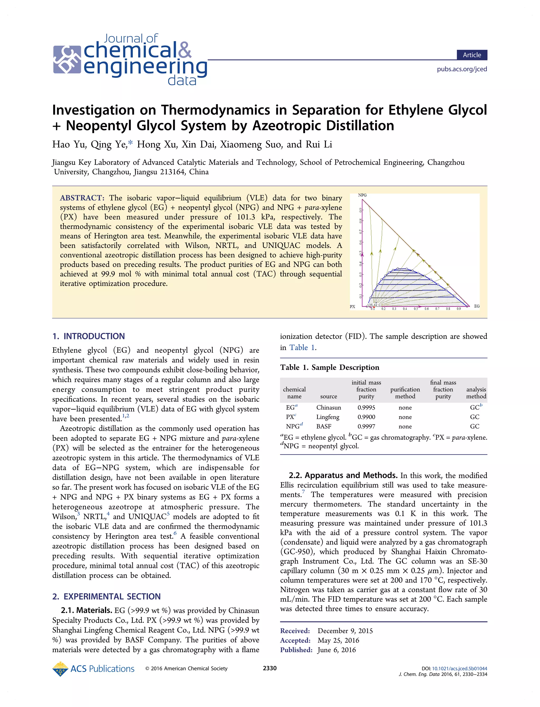 Investigation on thermodynamics in separation for ethylene glycol ...
