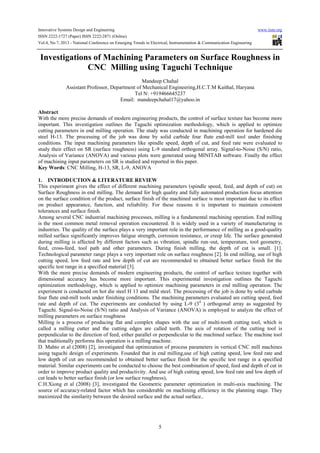 Investigations of machining parameters on surface roughness in cnc milling using taguchi ...