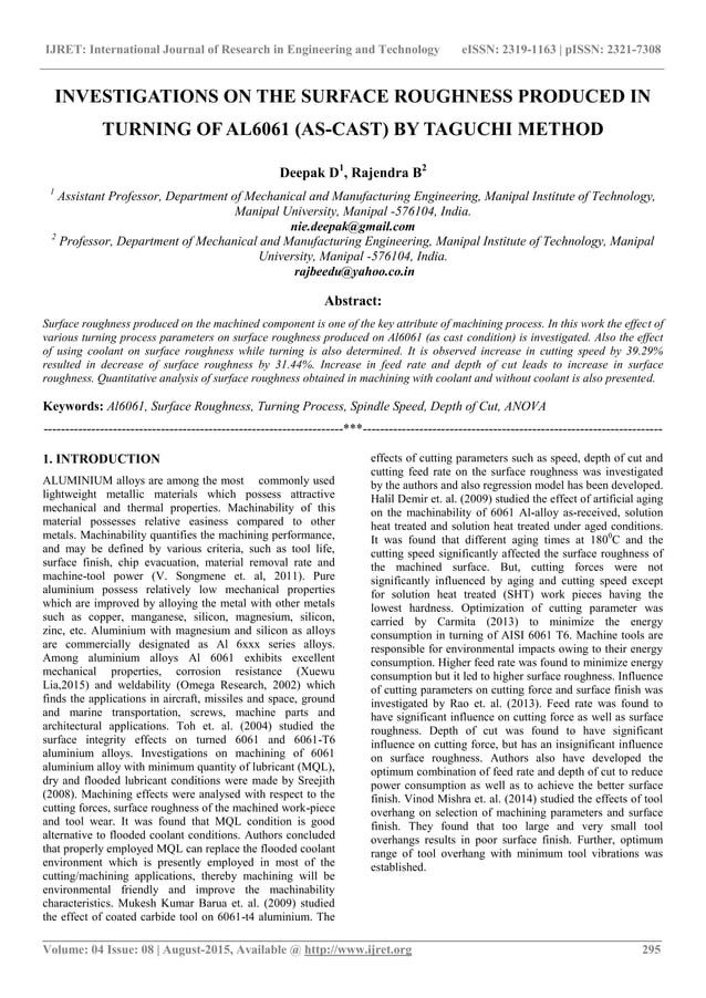 Investigations on the surface roughness produced in turning of al6061 (as cast) by taguchi ...
