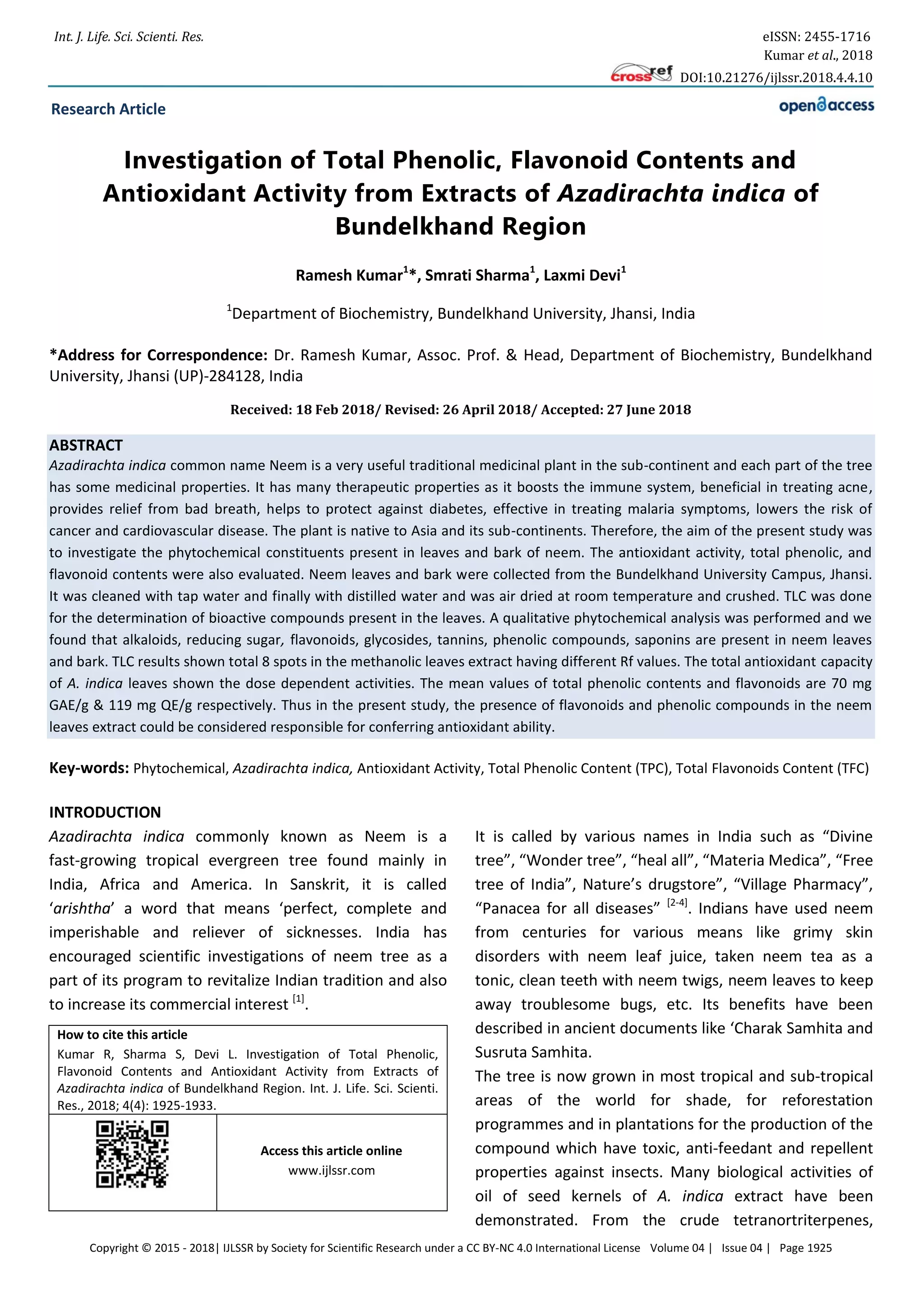 Investigation of Total Phenolic, Flavonoid Contents and Antioxidant ...