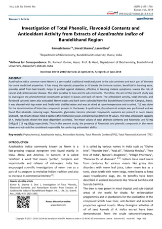 Investigation of Total Phenolic, Flavonoid Contents and Antioxidant Activity from Extracts of ...