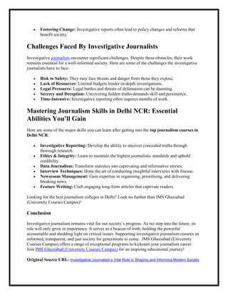 Investigative Journalism’s Vital Role in Shaping and Informing Modern Society | PDF