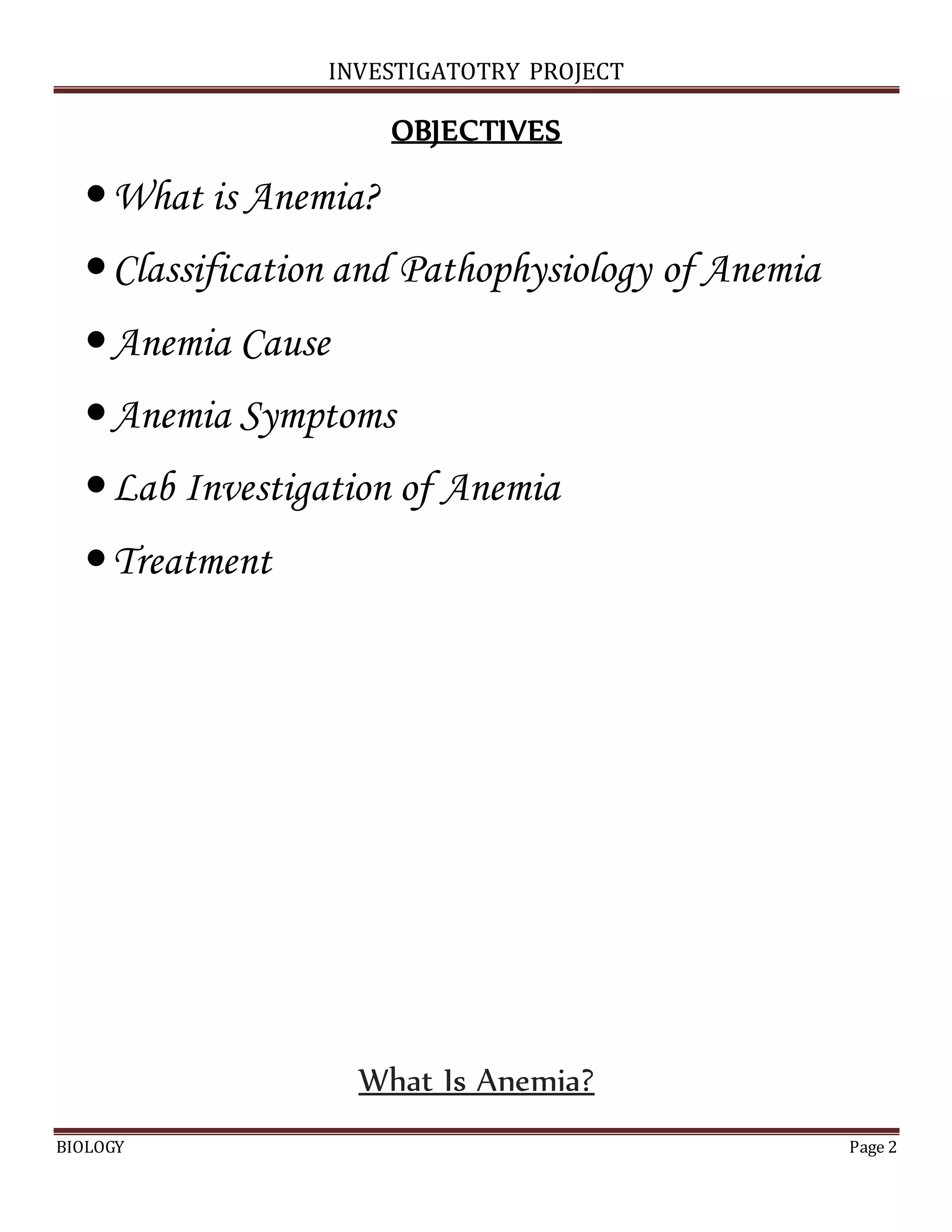 Anemia (Investigatory project) class 11 | DOCX