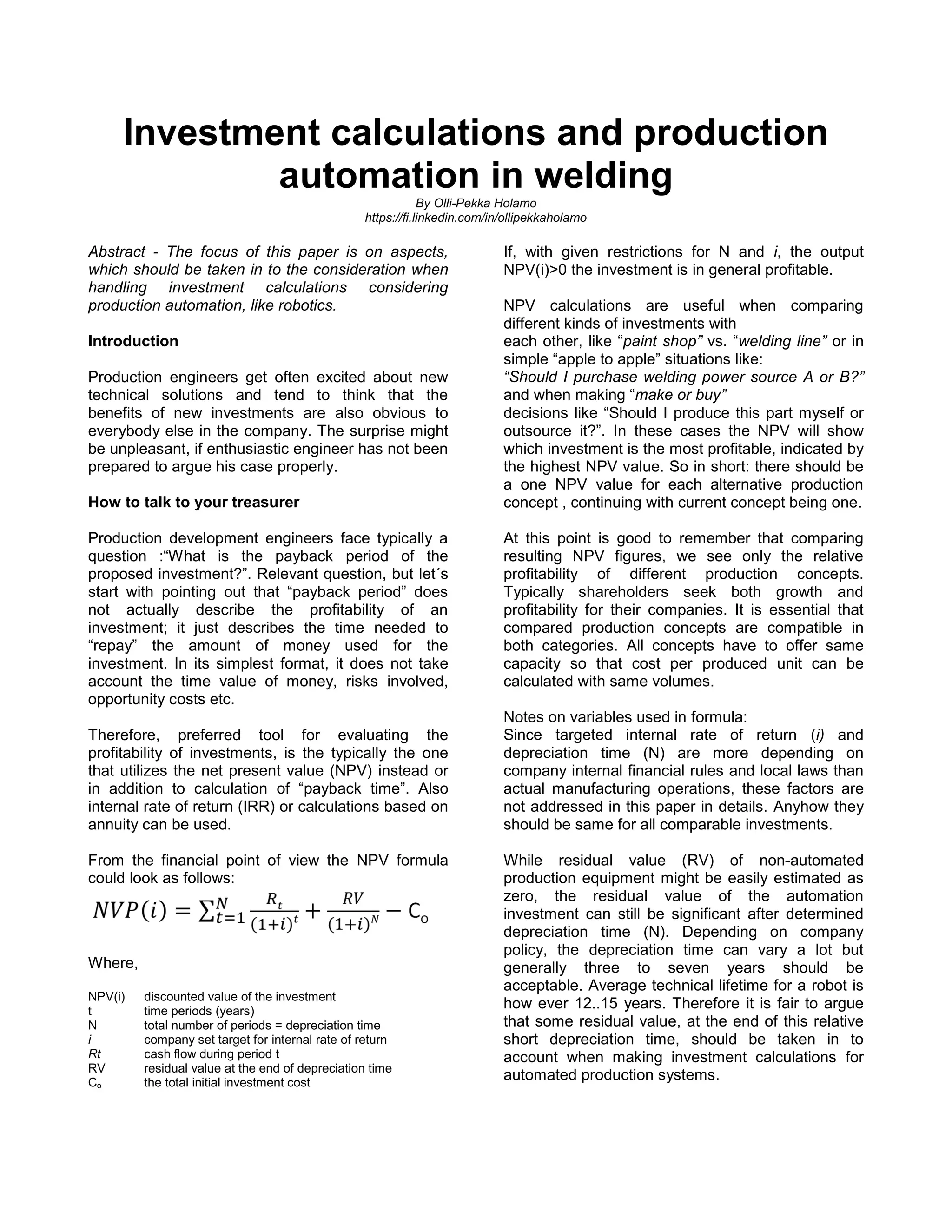 Investment calculations and production automation in welding | PDF