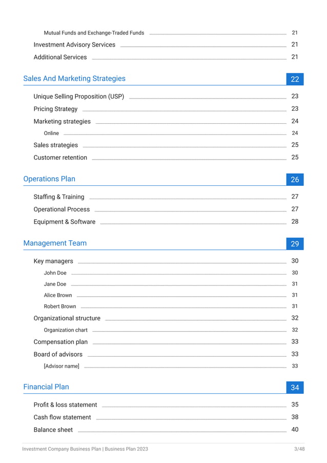 investment company business plan example | PDF