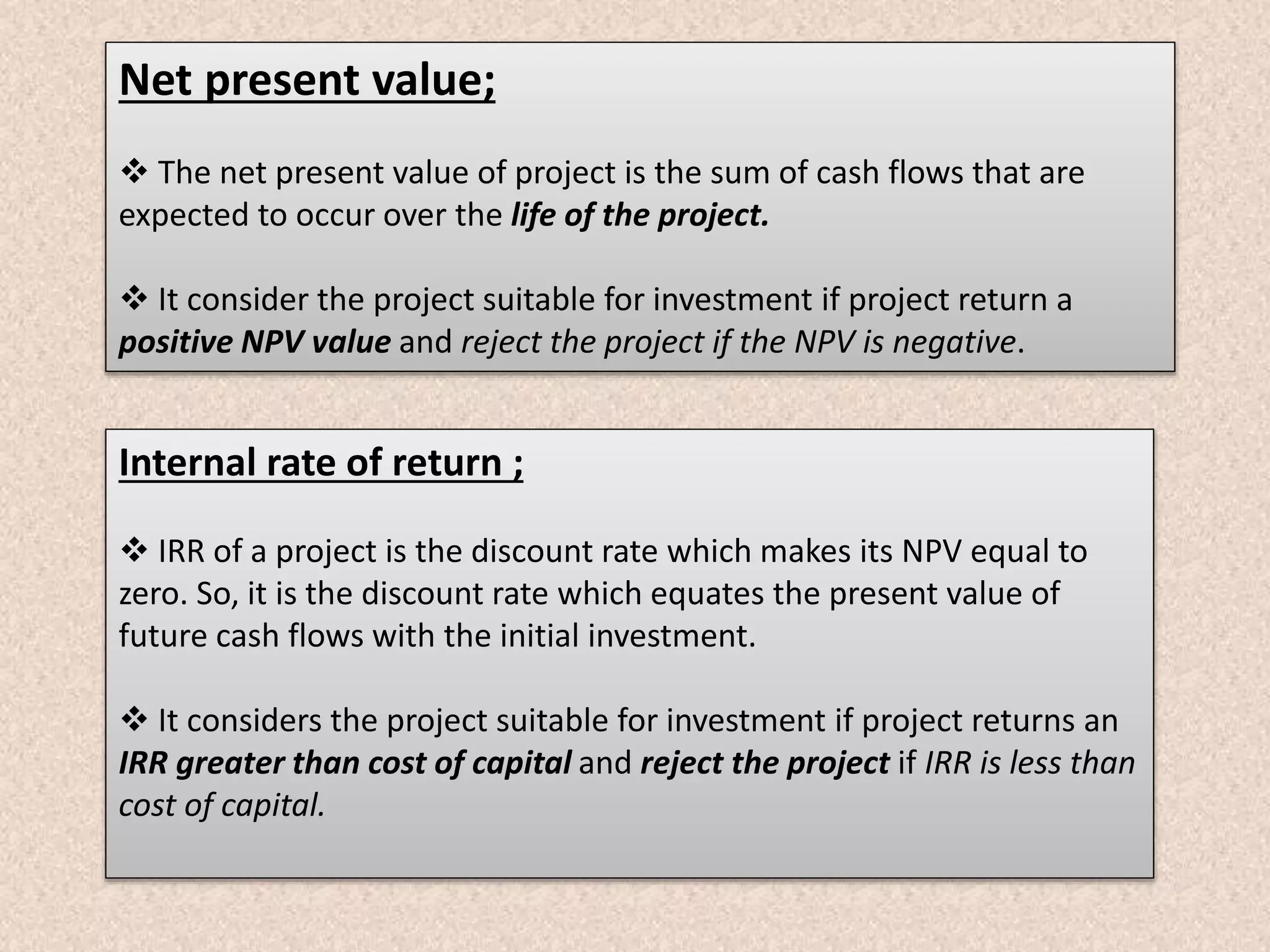 NPV, IRR, Capital budgeting, Evaluation techniques | PPTX