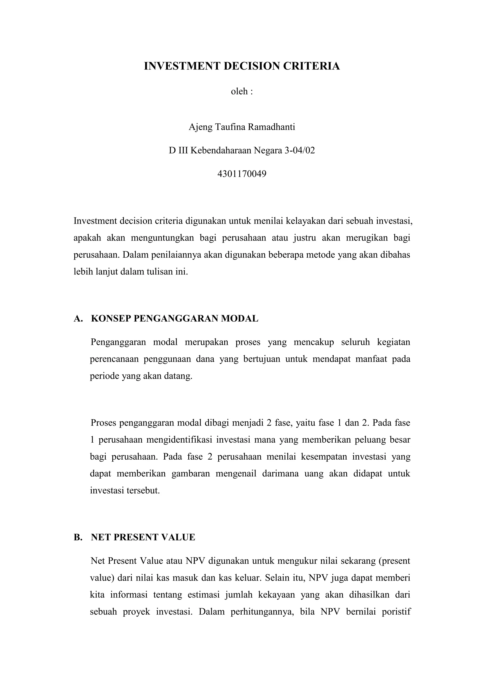 Investment Decision Criteria/abshor.marantika/Ajeng Taufina Rmadhanti/3-04 | PDF