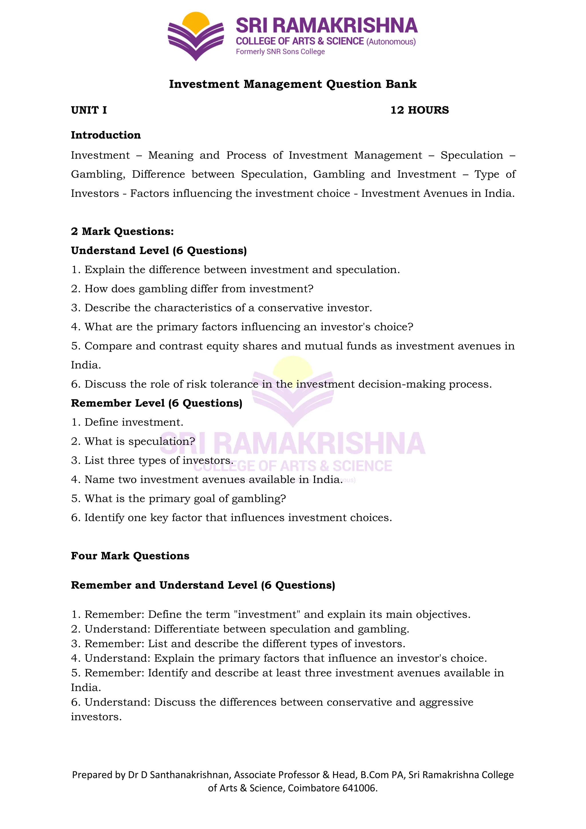 Investment Management Question Bank Three Units | PDF
