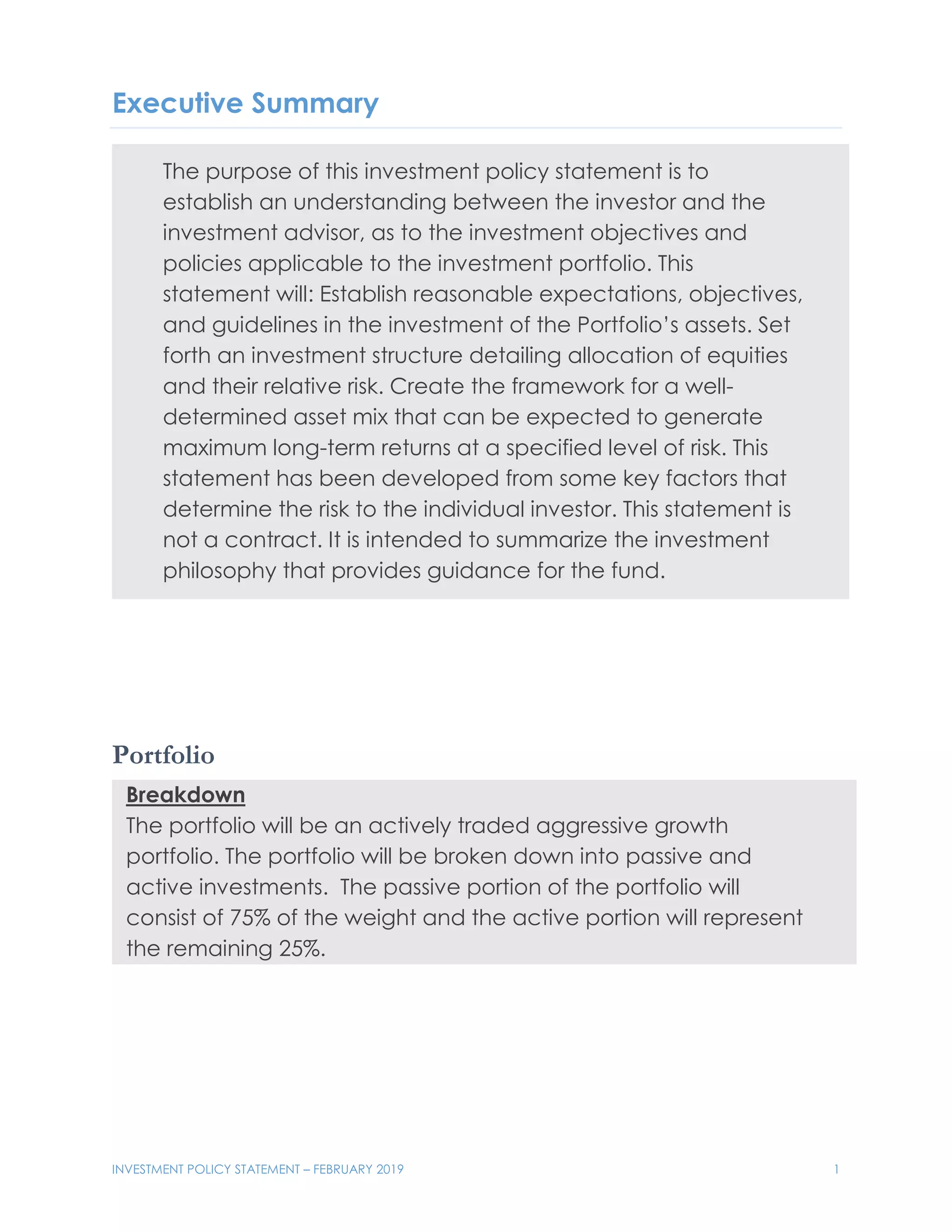 Investment Policy Statement for 2019 Bloomberg Trading Challenge | PDF