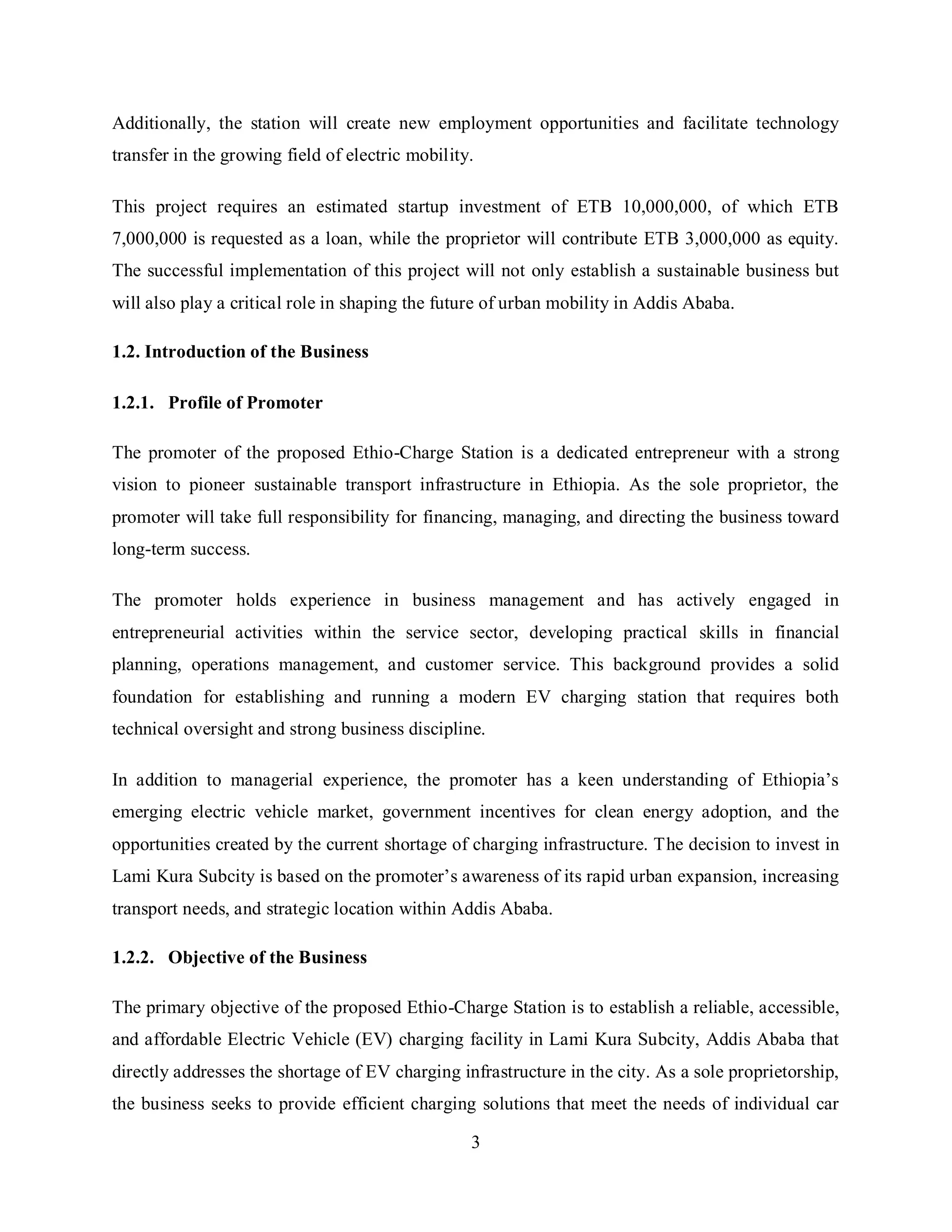 Investment Proposal (Business Plan) Electric Vehicle Charging Station in Lami Kura Subcity ...