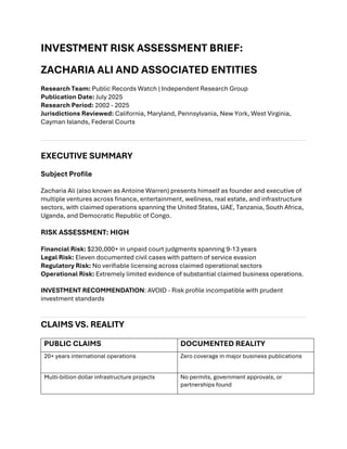 Investment Risk Assessment Brief: Zacharia Ali and Associated Entities ...