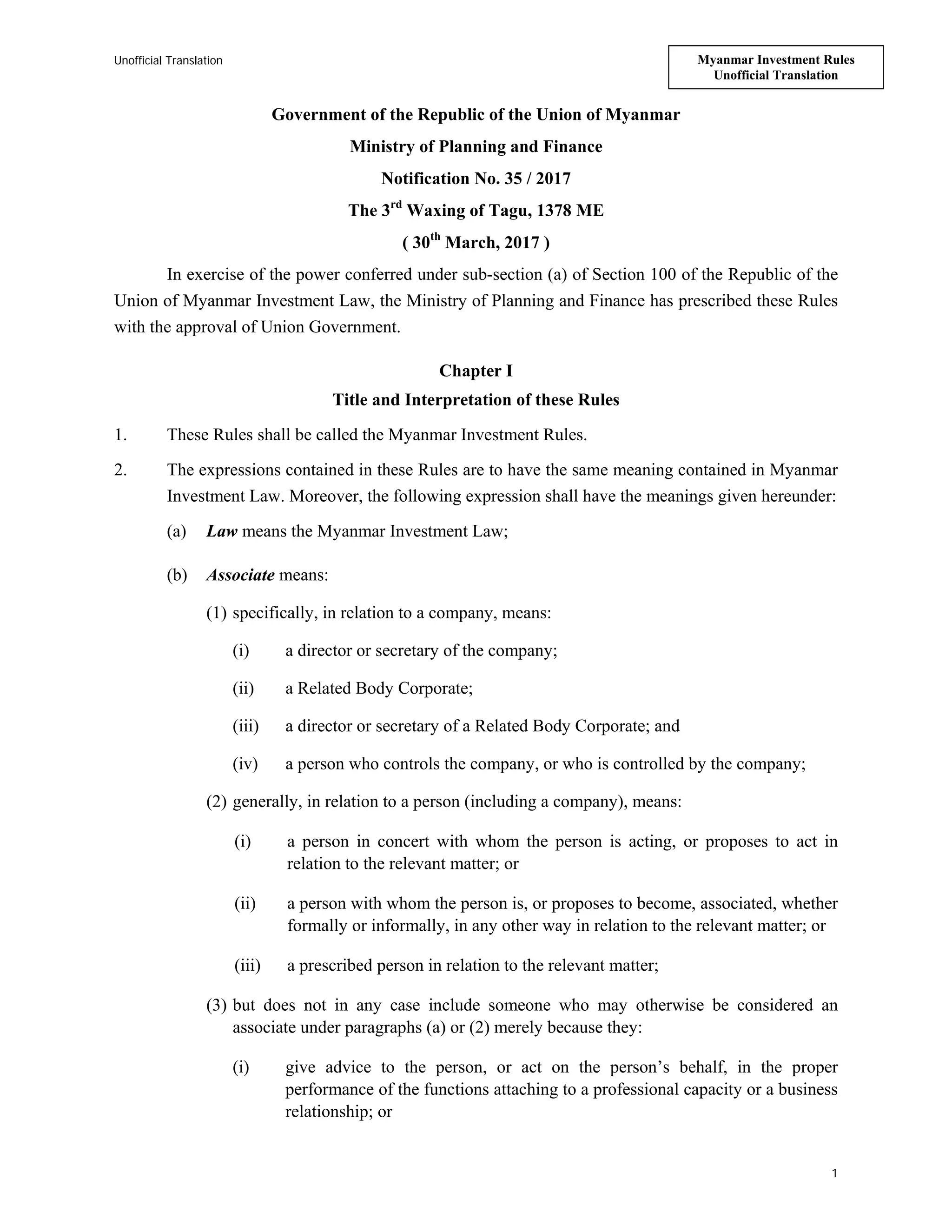 MYANMAR INVESTMENT LAW UPDATE 30-3-2017 | PDF