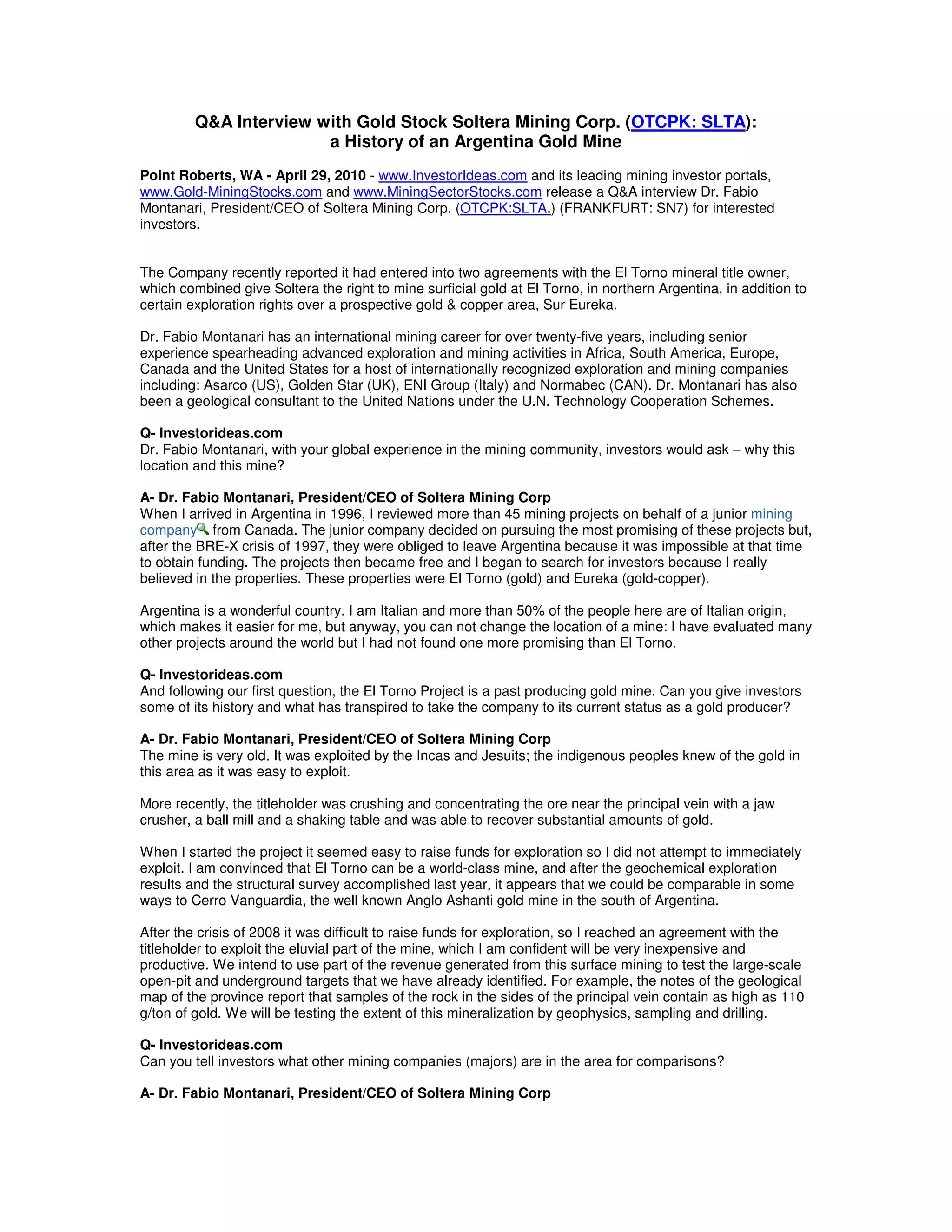 Investor Ideas Interviews Soltera Mining | PDF