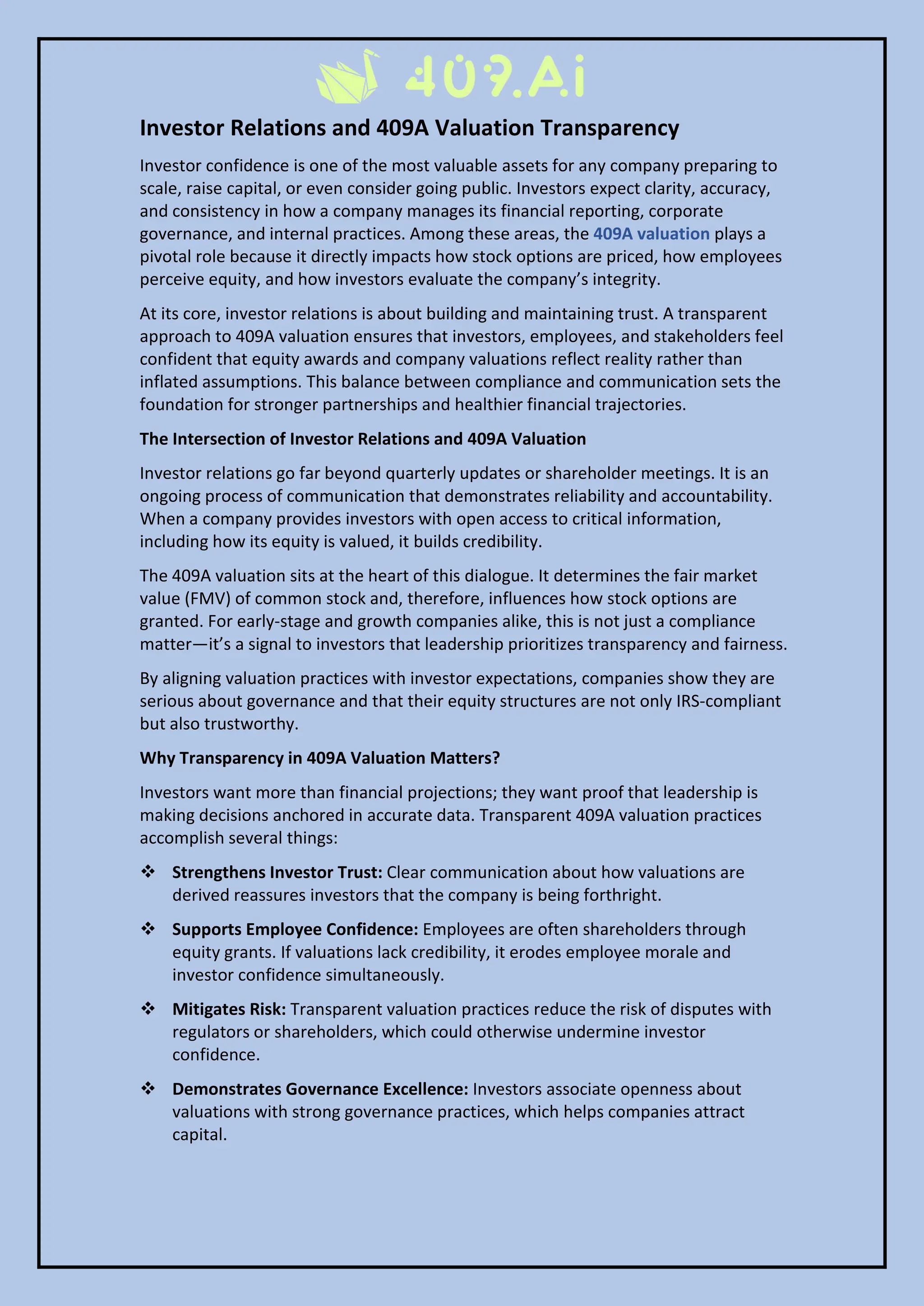 Investor Relations and 409A Valuation Transparency | PDF