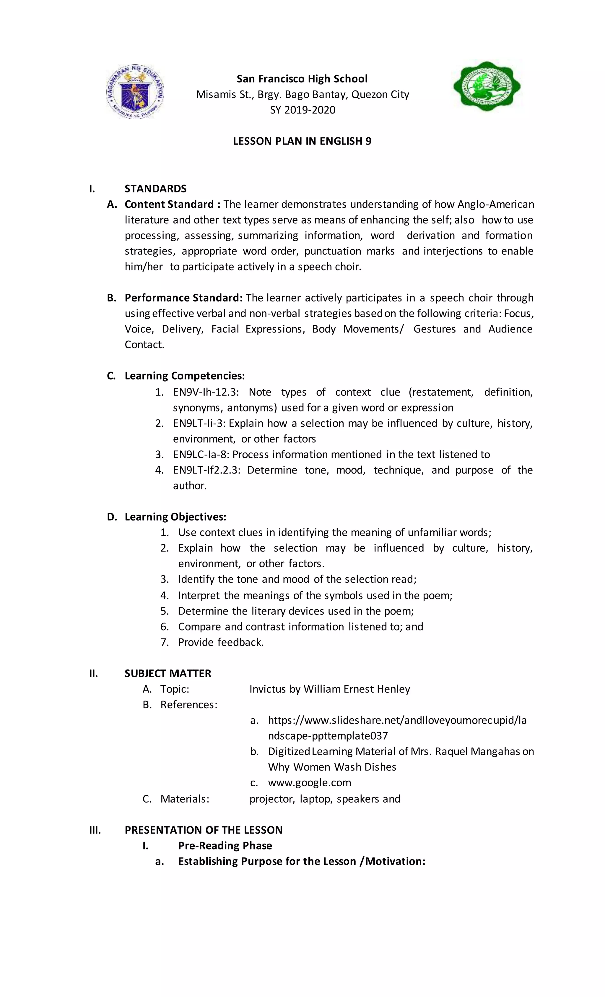 Invictus by William Henley DLP Grade 9 | DOCX