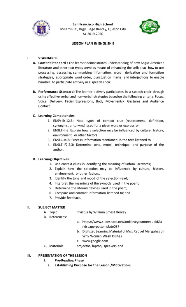 Invictus by William Henley DLP Grade 9 | DOCX