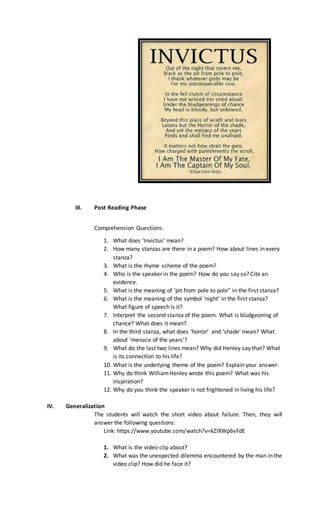 Invictus by William Henley DLP Grade 9 | DOCX