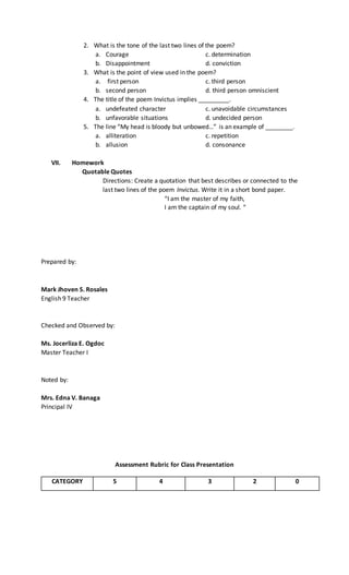 Invictus by William Henley DLP Grade 9 | DOCX