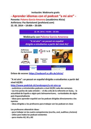 Invitacion al webinario: "A mi aire": un pocast en español dirigido a ...
