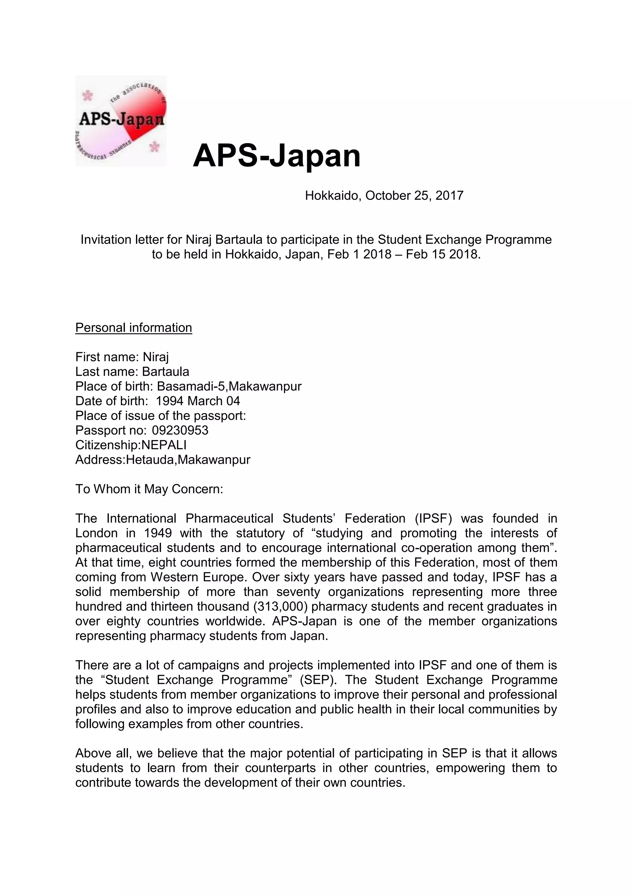 Invitation letter (niraj bartaula) from japan | PDF