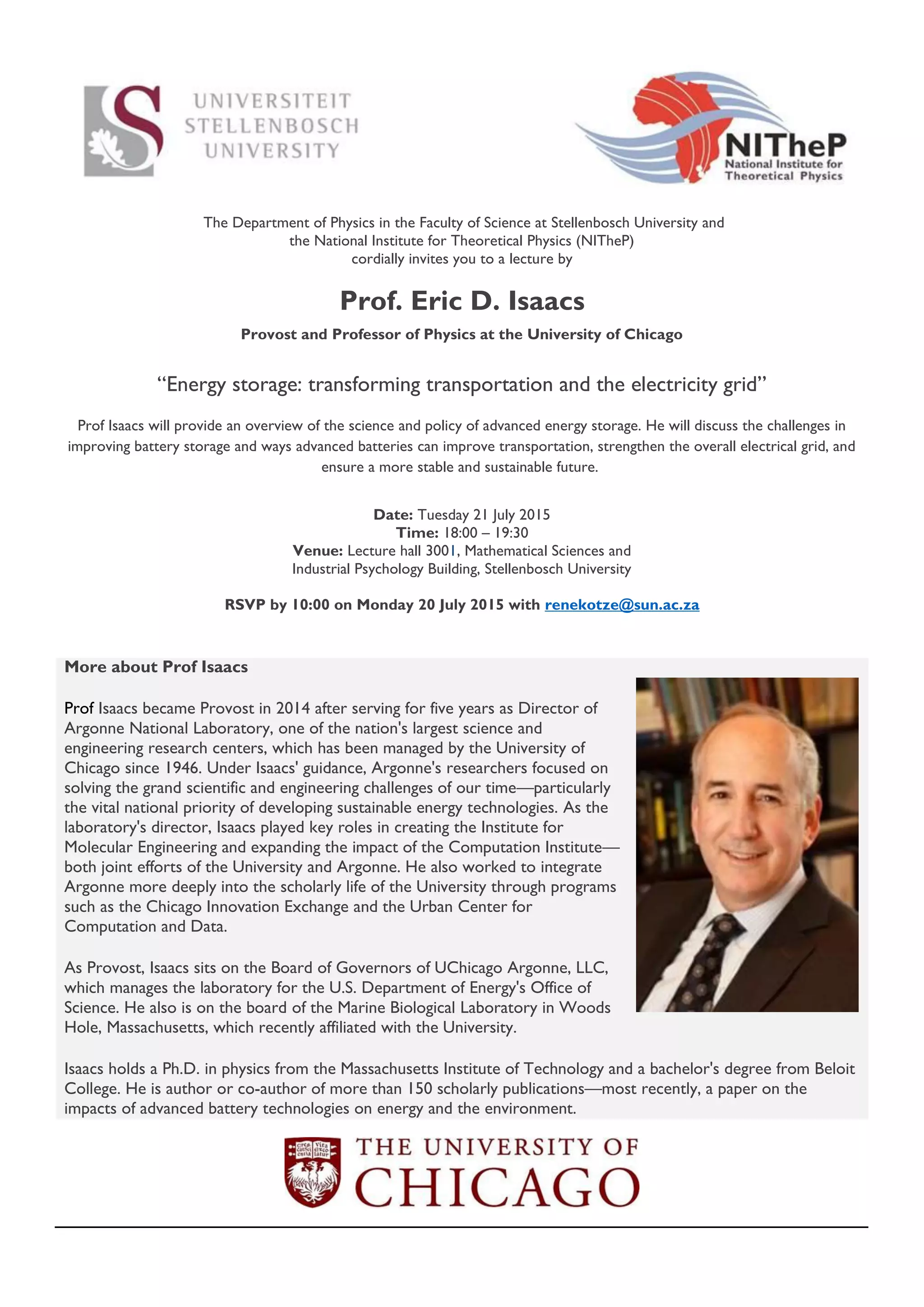 Invitation to guest lecture at Stellenbosch University: Provost and ...