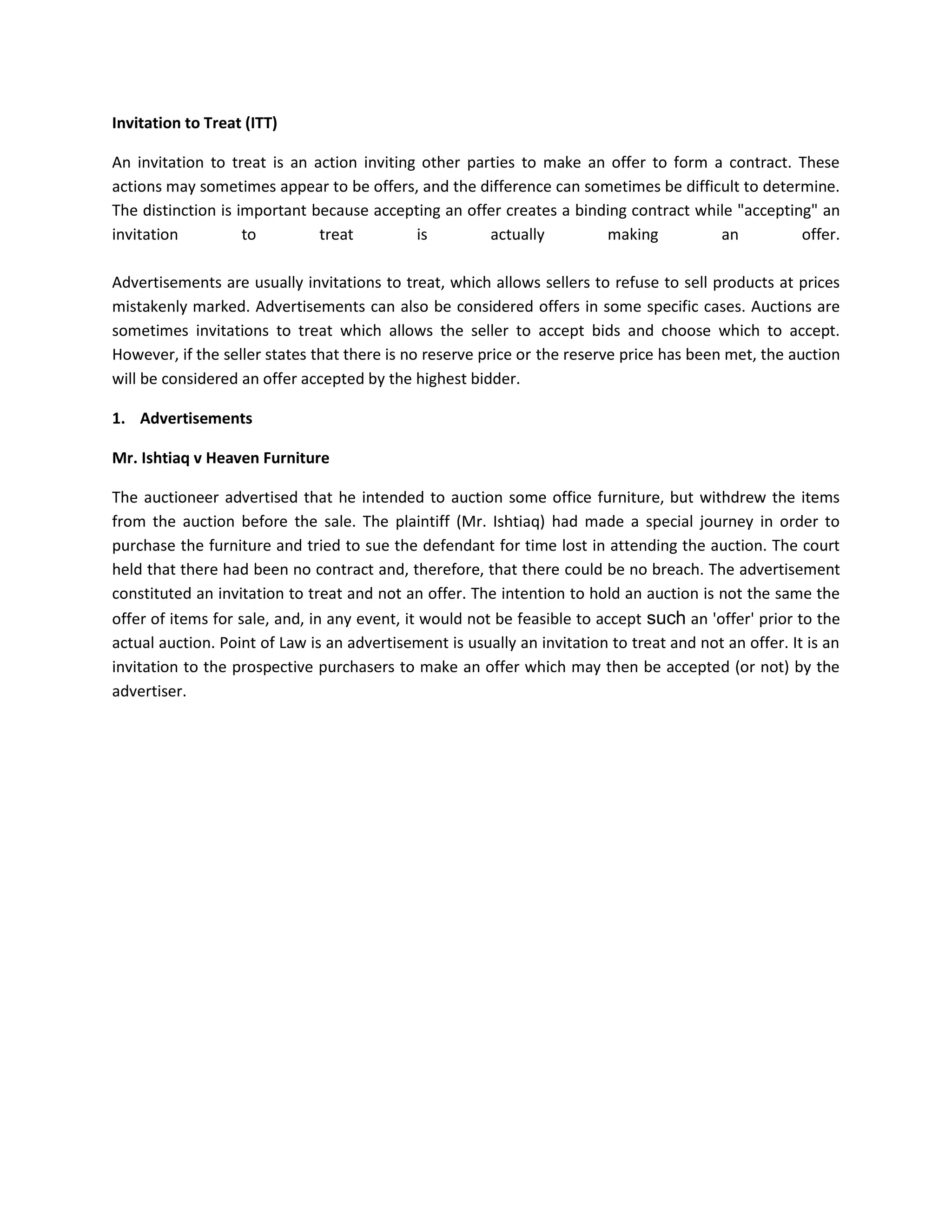 Invitation to treat and advertisements (pakistani law perspective) | DOCX