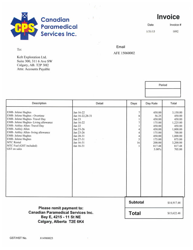 Canadian Paramedical Services Inc. Invoice to Kelt Exploration | PDF