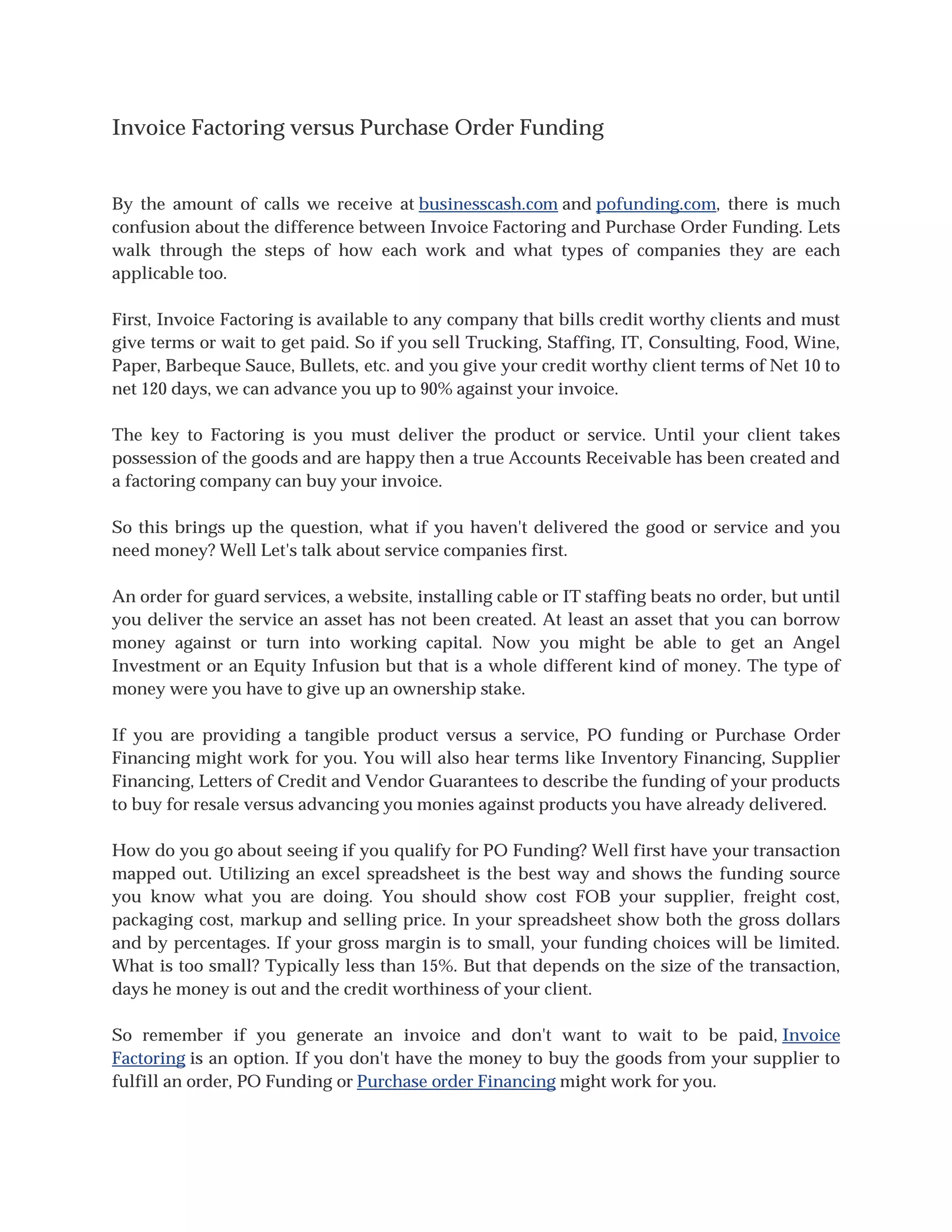 Invoice factoring versus purchase order funding | PDF