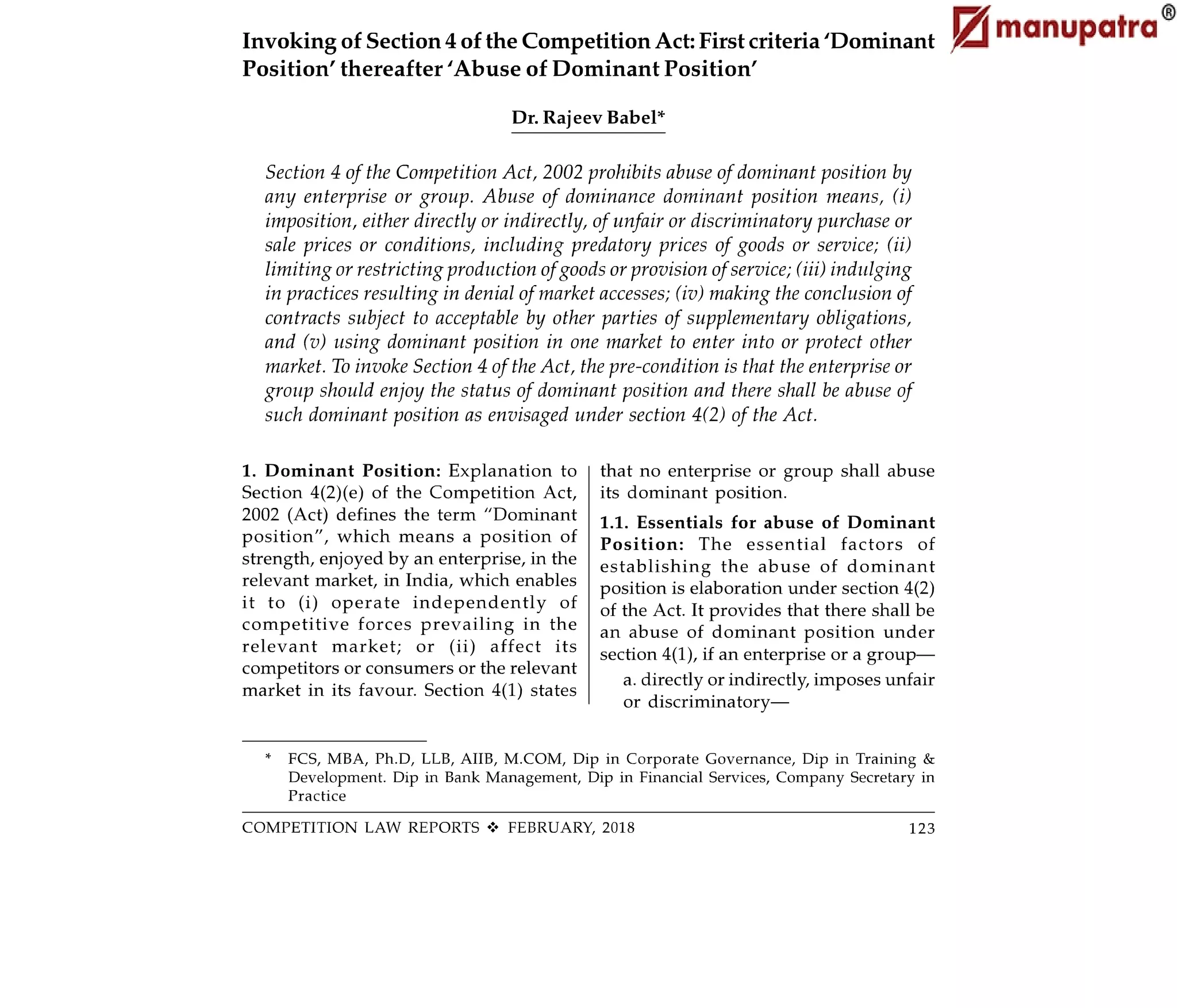 Invoking of Section 4 of the Competition Act: First criteria ‘Dominant ...