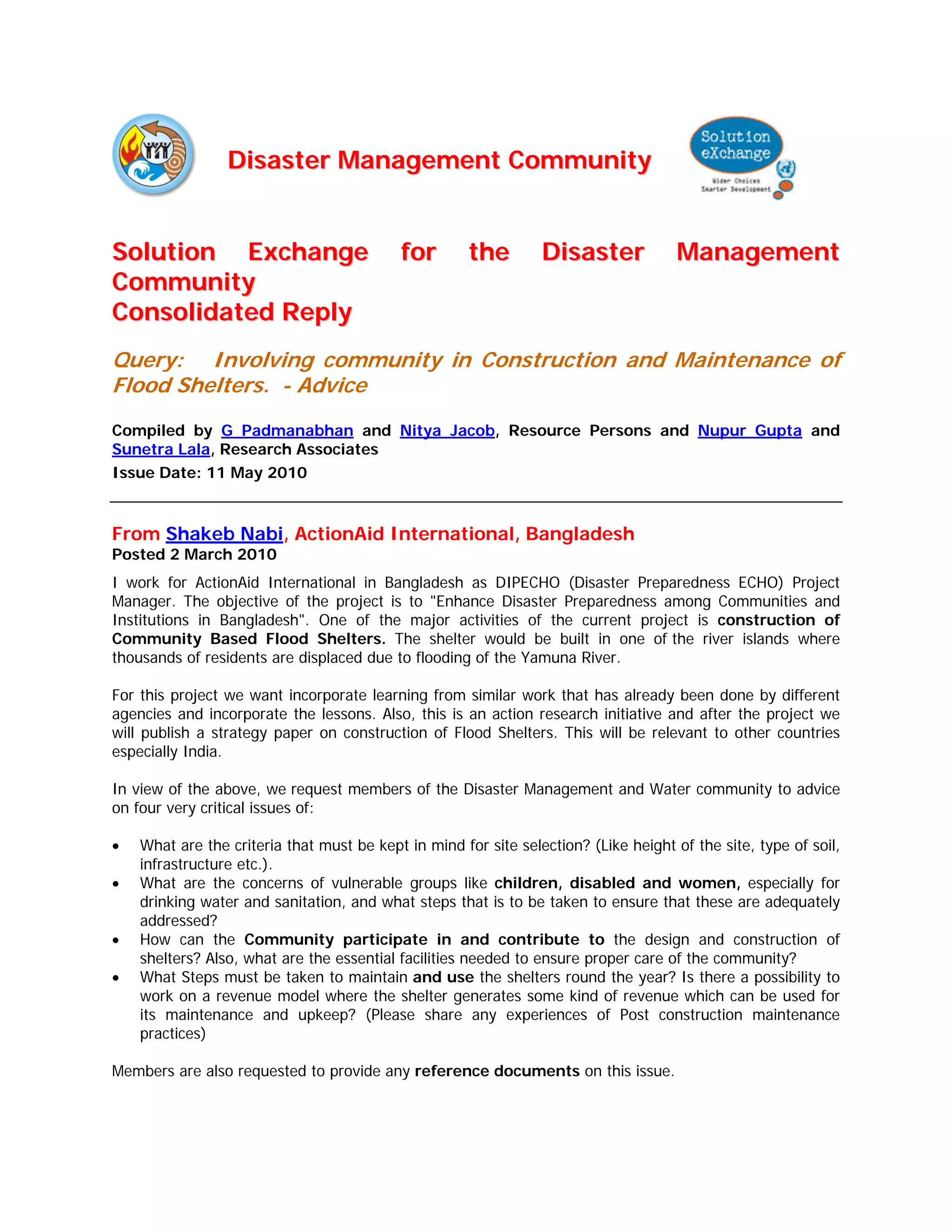 Involving Community in the Management of Flood Shelters and Other ...