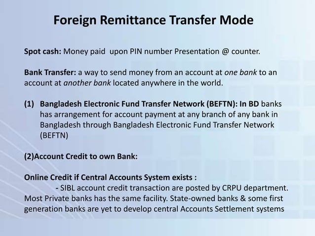 Inward foreign remittance activities in sibl | PPTX | Currencies | Economy