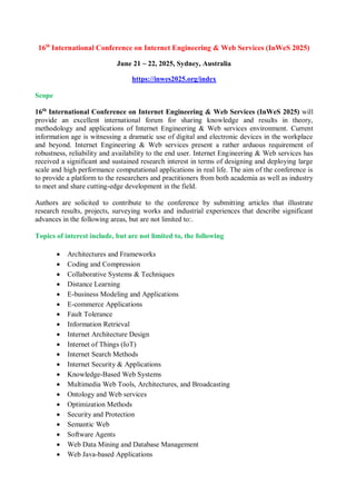 CFP - 16th International Conference on Internet Engineering & Web Services (InWeS 2025) | PDF