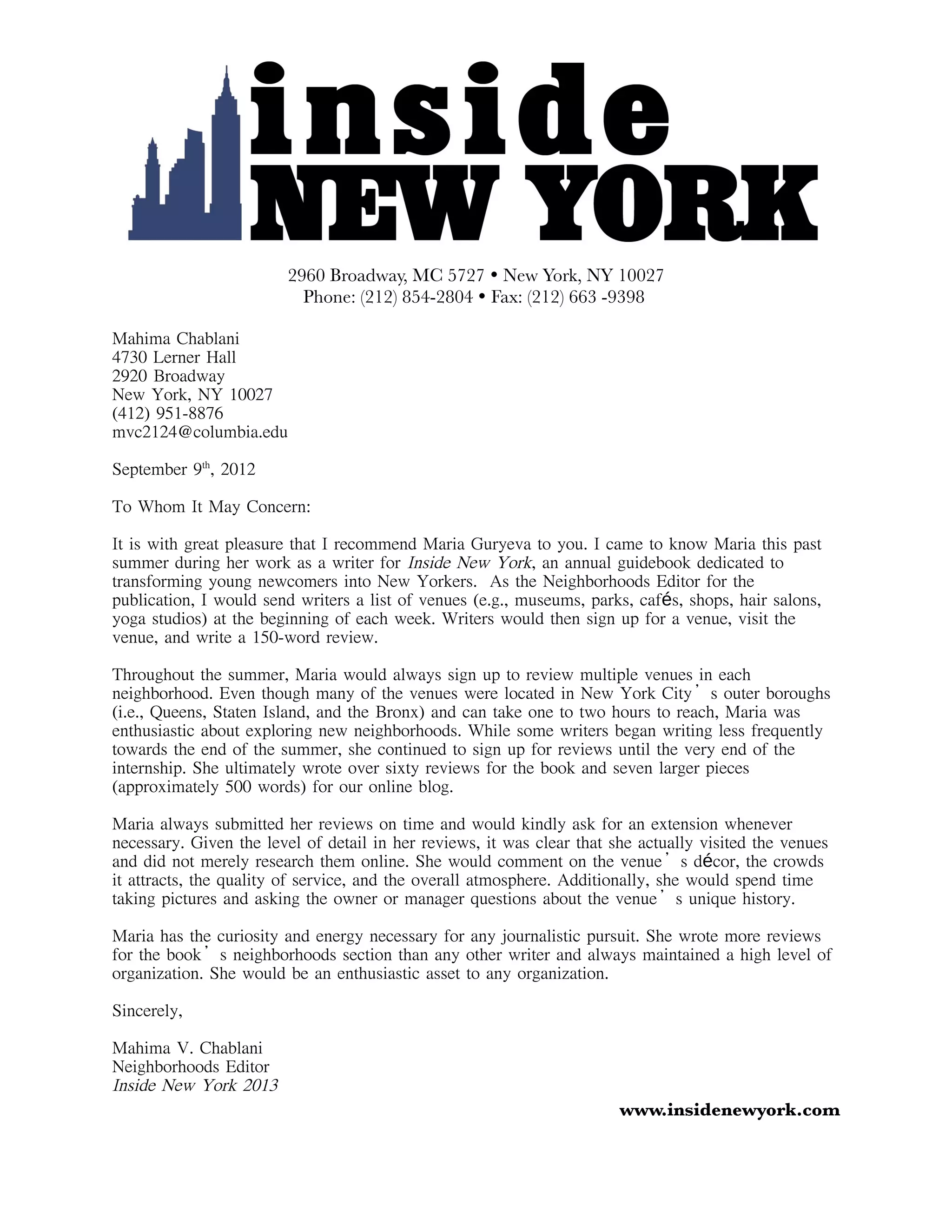 Recommendation from Inside New York Guidebook | PDF