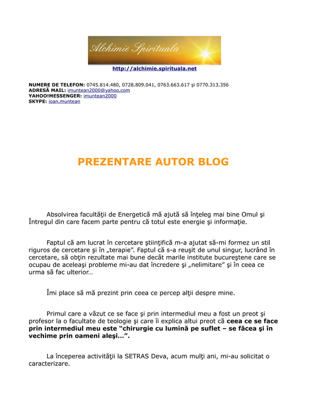 Ioan Muntean - Prezentare autor blog Alchimie Spirituala | PDF