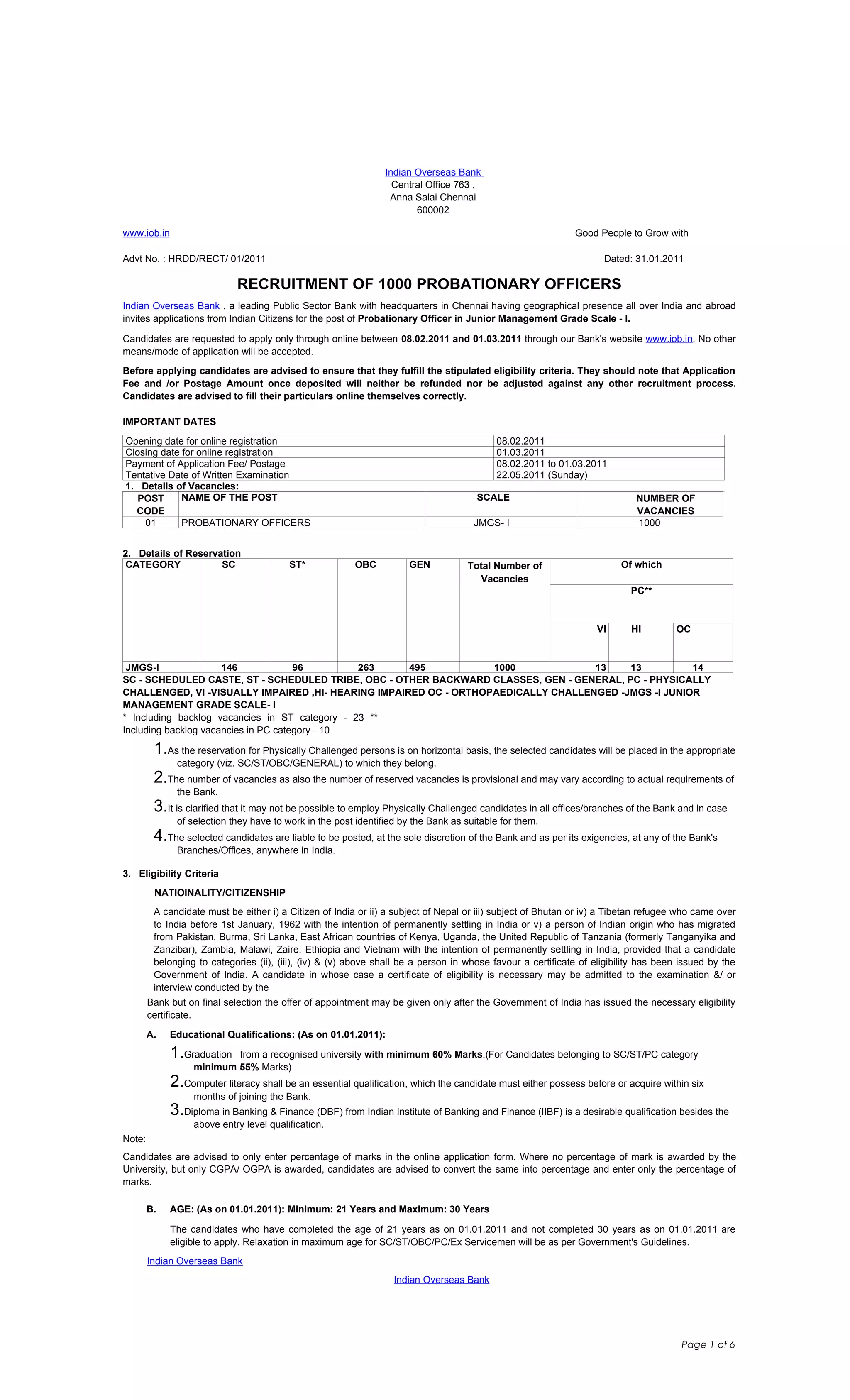 Iob recruitment 1000 po in this year | RTF