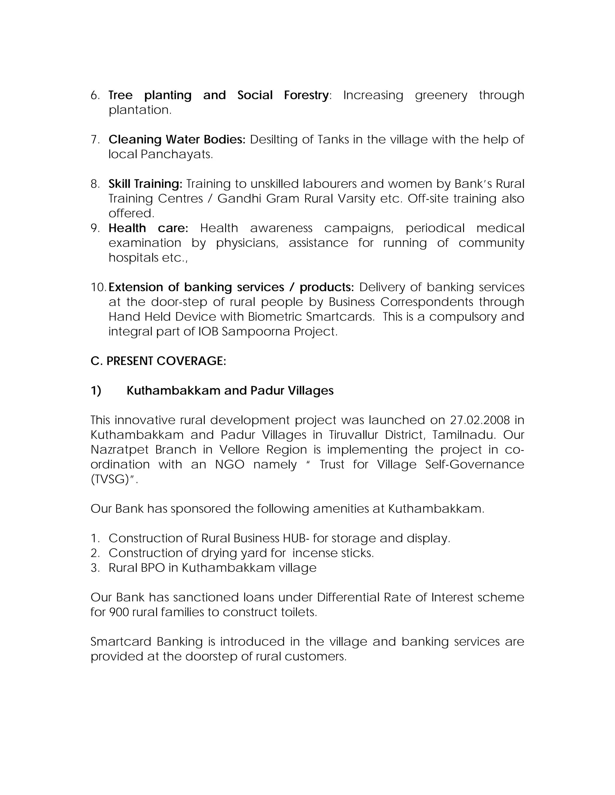 IOB-SAMPOORNA PROJECT-A Total Village Development Project | PDF