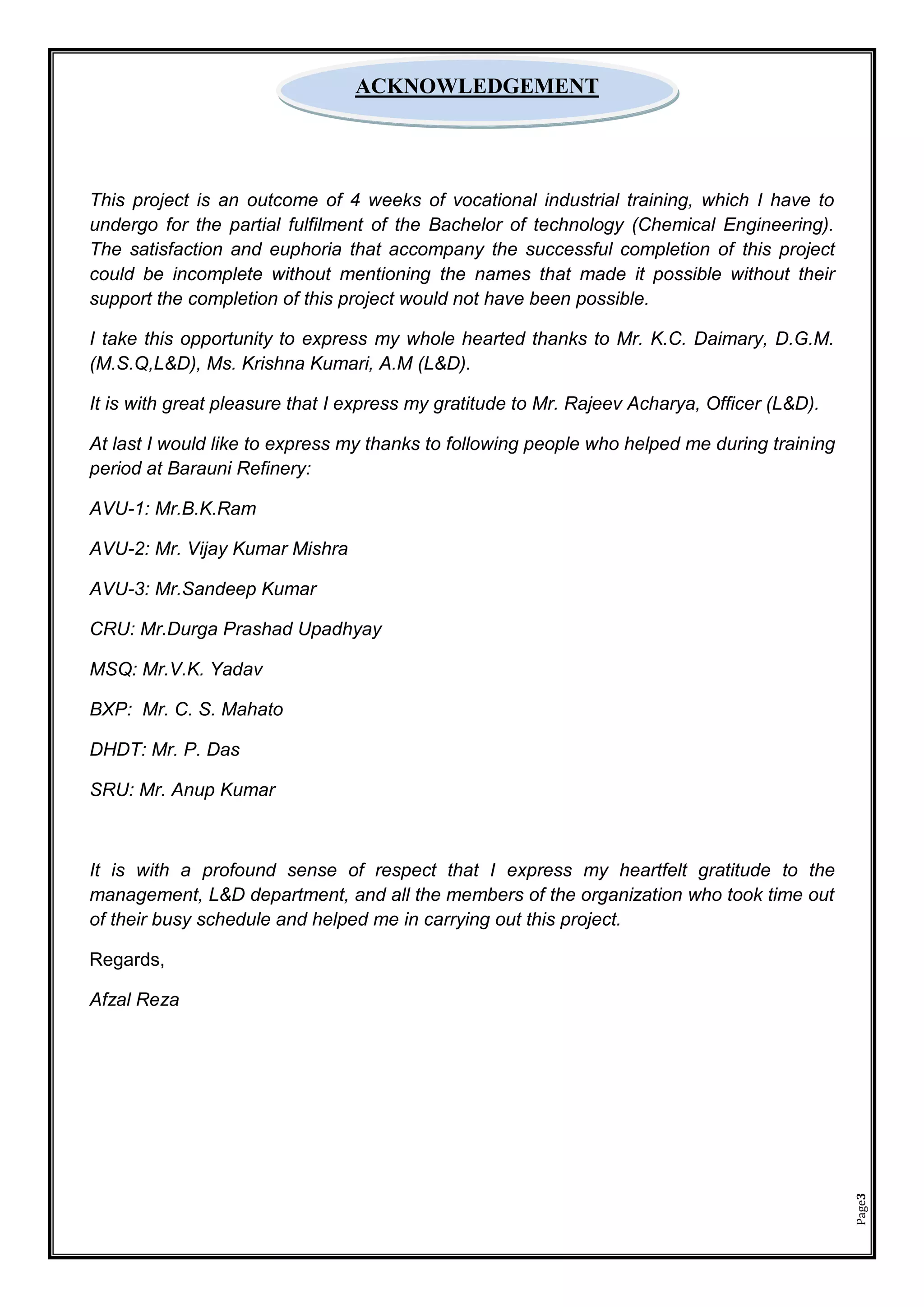 Iocl industrial training_chemical_engineering_report | PDF