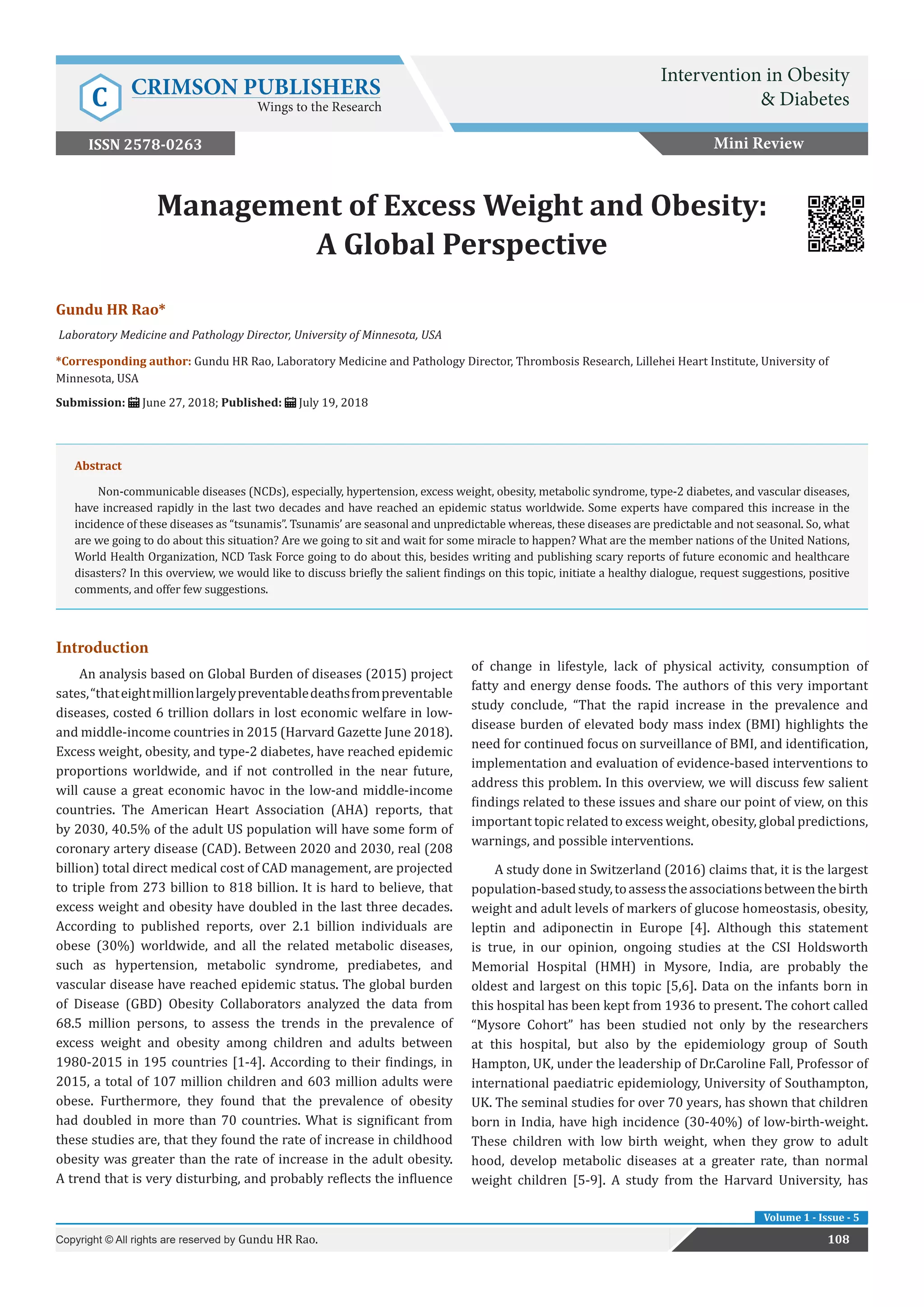 Management of Excess Weight and Obesity: A Global Perspective | PDF