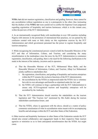 Institute of Hospitality, UK - Nigeria Region PRESS RELEASE REGARDING ...