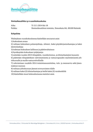 Ihmisoikeusliiton vuosikokous: Vuosikokouskutsu | PDF