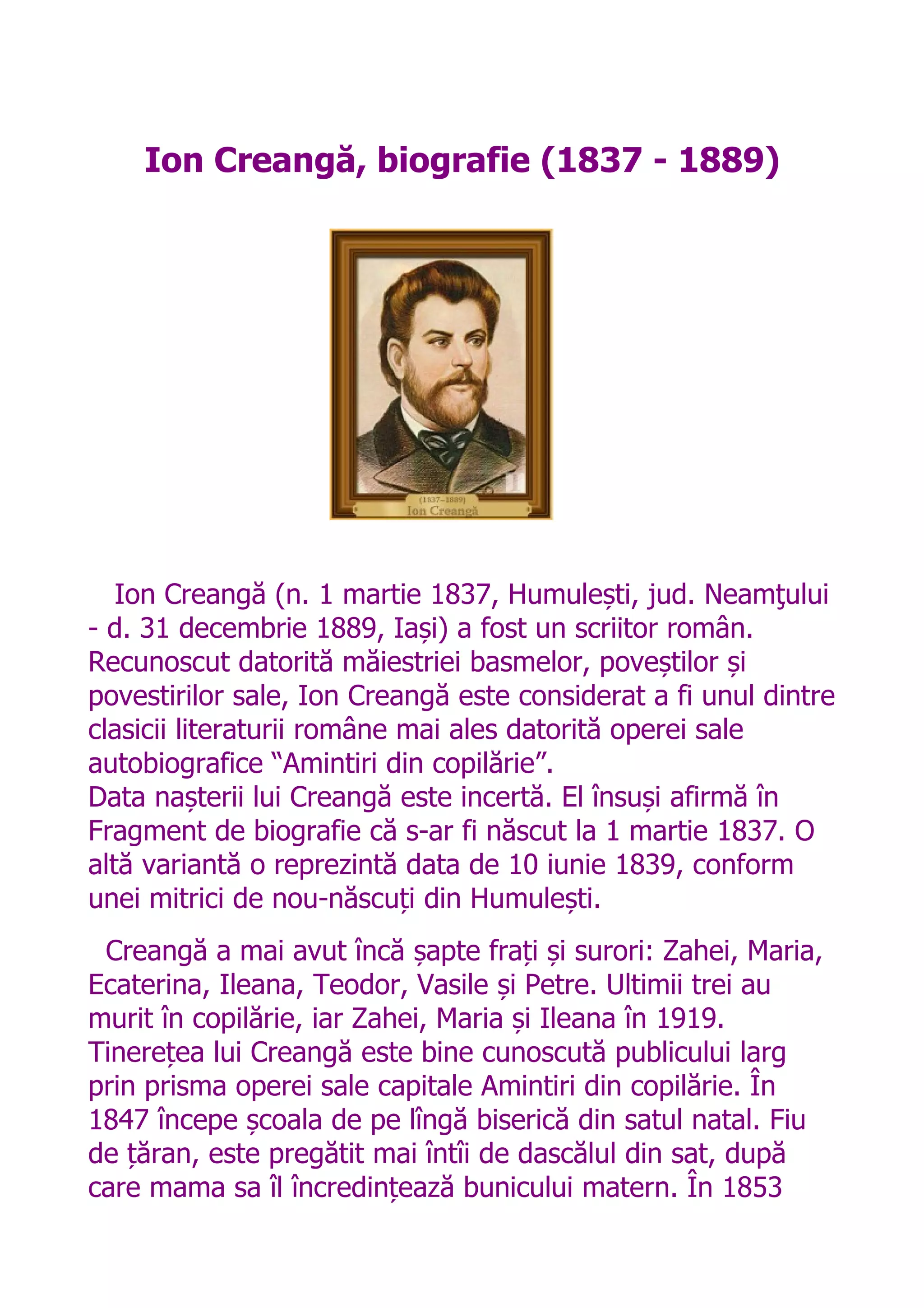 Ion creangă biografie | DOC