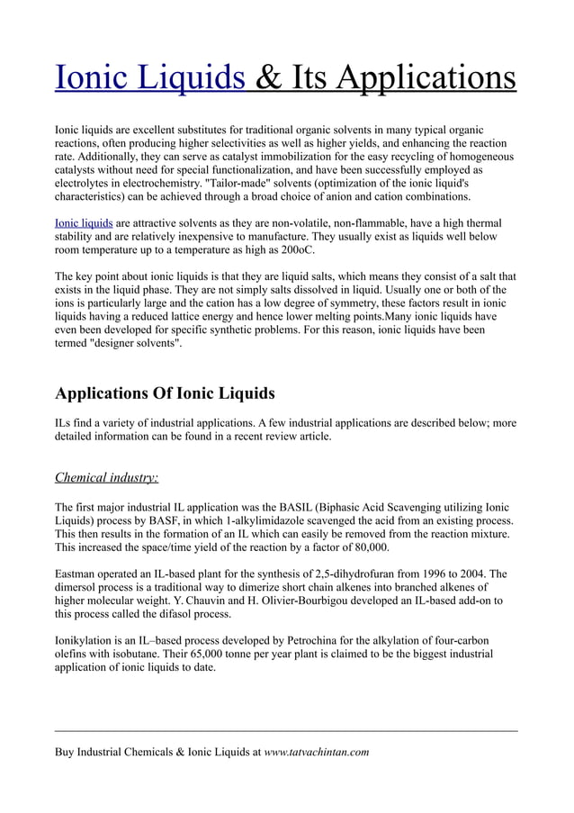 Ionic liquids & its applications | PDF | Chemistry | Science