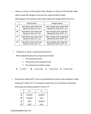 Ions, ionic bonds (multiple choice) qp | PDF