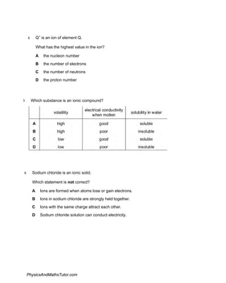 Ions, ionic bonds (multiple choice) qp | PDF