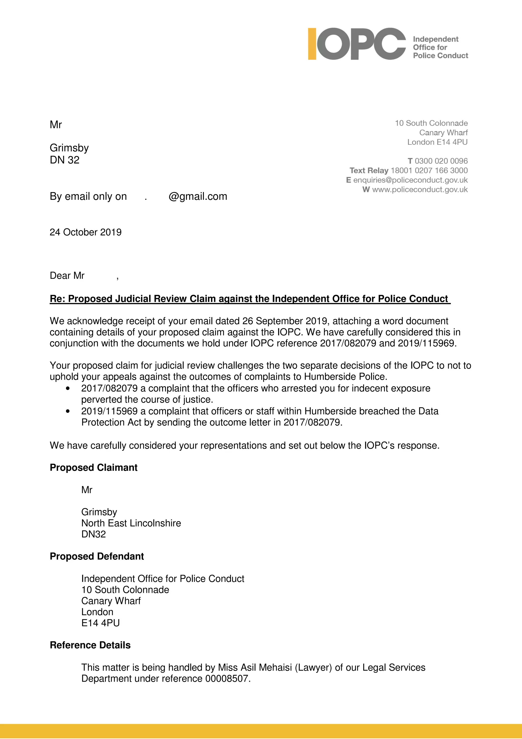 Iopc response letter before action 24 oct 19 | PDF
