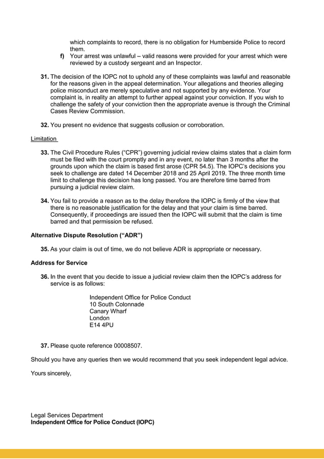 Iopc response letter before action 24 oct 19 | PDF