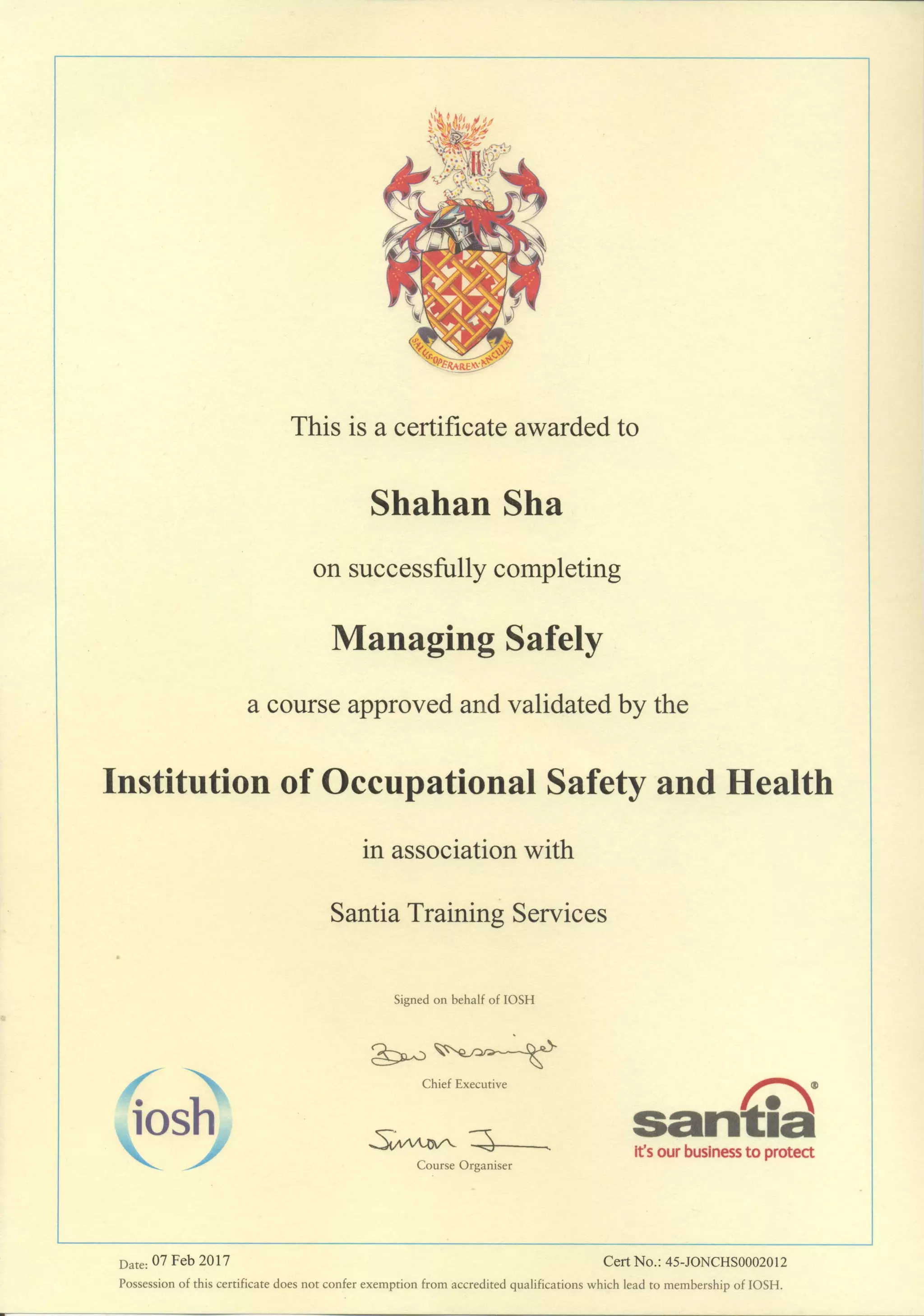 IOSH Managing Safely Certificate | PDF