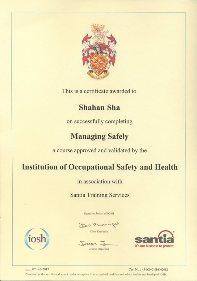 IOSH Managing Safely Certificate | PDF