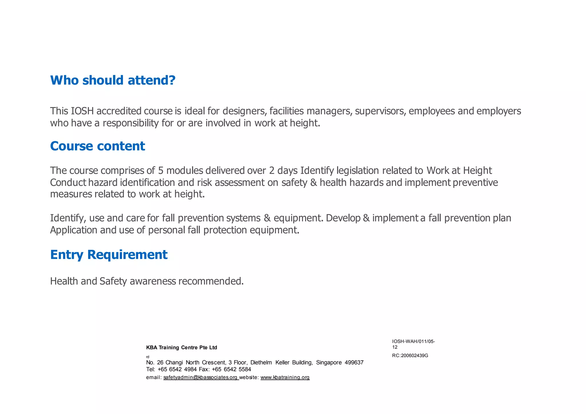 IOSH Working at Height Course Overview - KBA Training Centre | DOCX