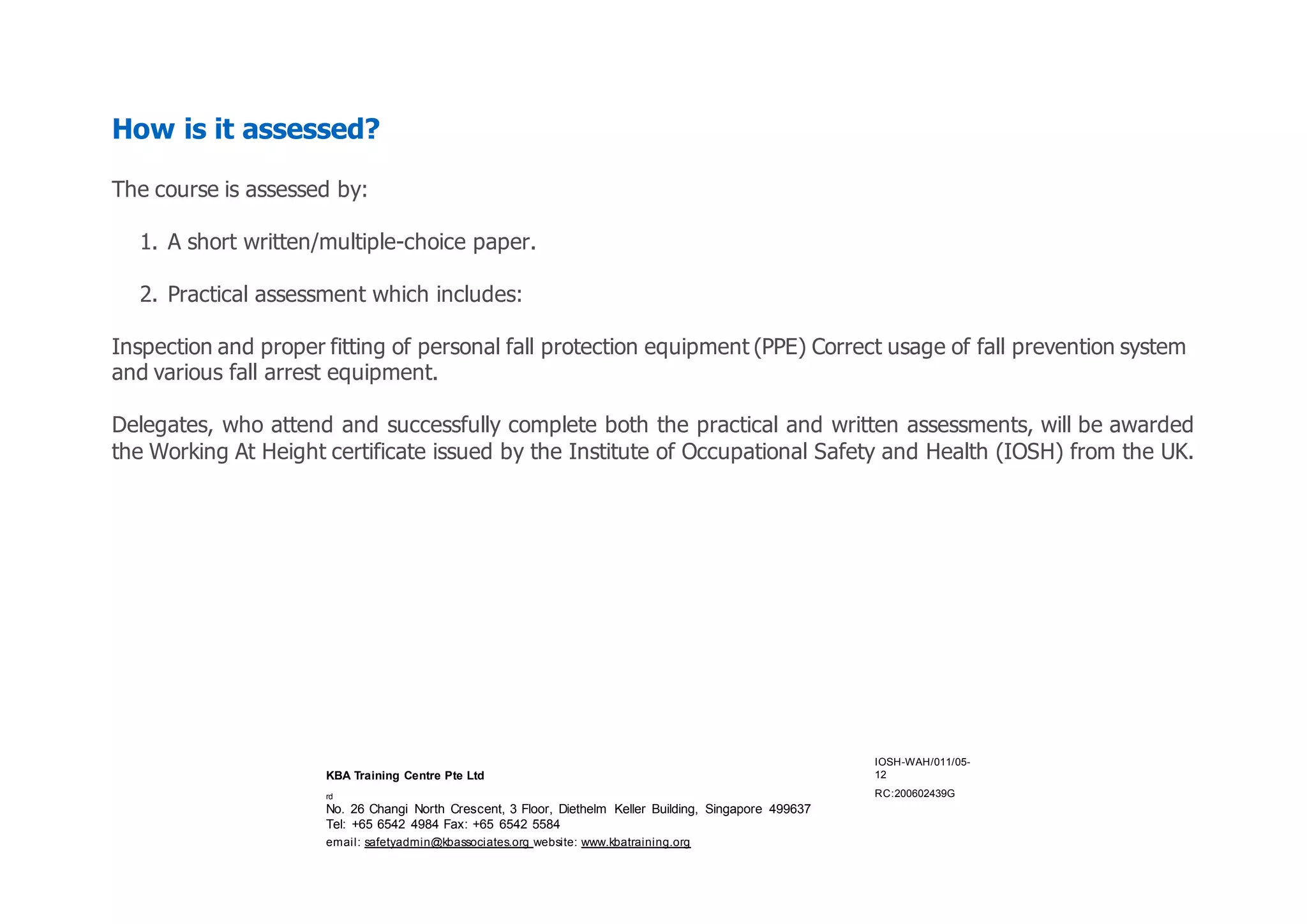 IOSH Working at Height Course Overview - KBA Training Centre | DOCX